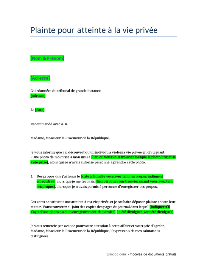 Plainte pour atteinte à la vie privée - DOC, PDF - page 1 sur 2 Plainte pour atteinte à la vie privée - DOC, PDF - page 1 sur 2
