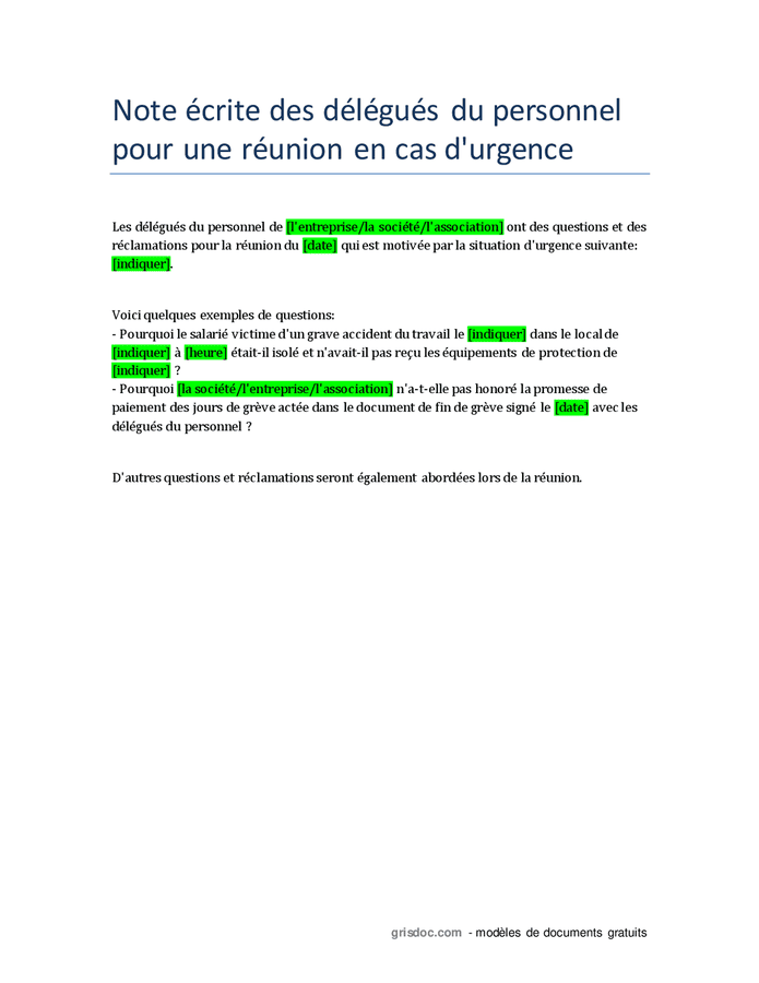 Note écrite des délégués du personnel pour une réunion en cas d'urgence ...
