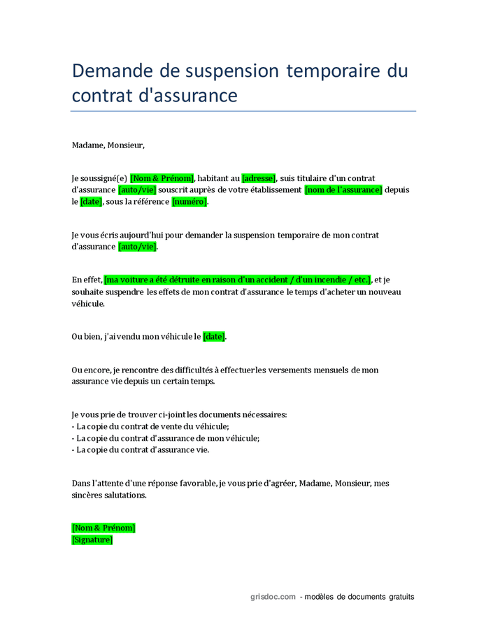 Demande de suspension temporaire du contrat d'assurance - DOC, PDF - page 1 sur 2