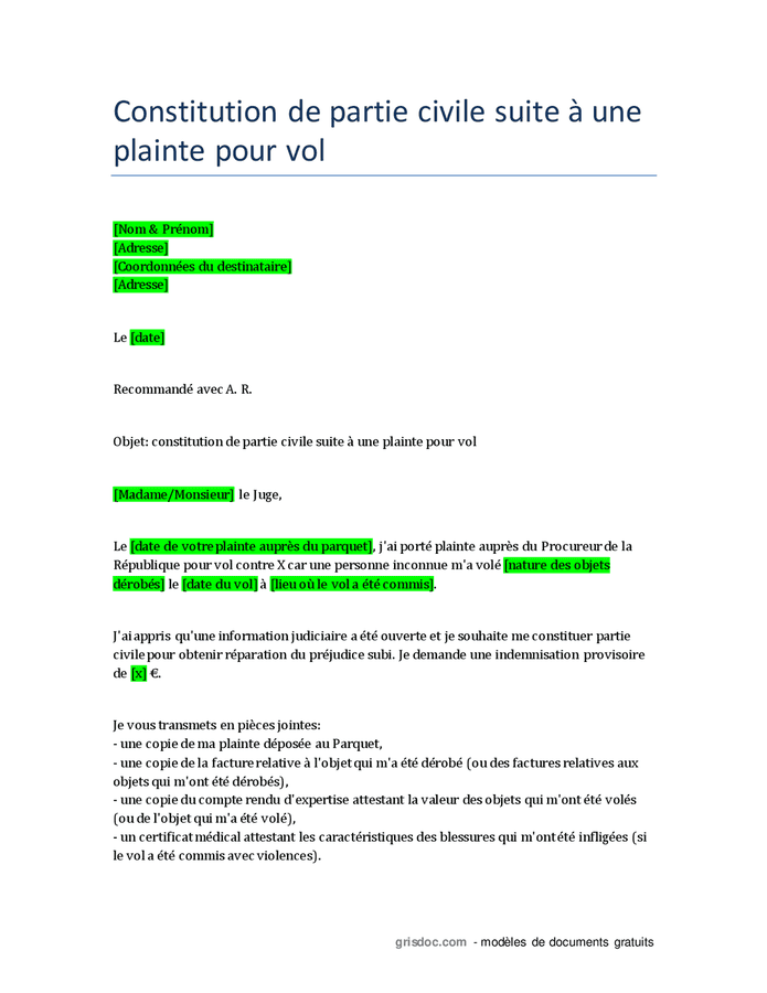 Constitution de partie civile suite à une plainte pour vol - DOC, PDF - page 1 sur 2