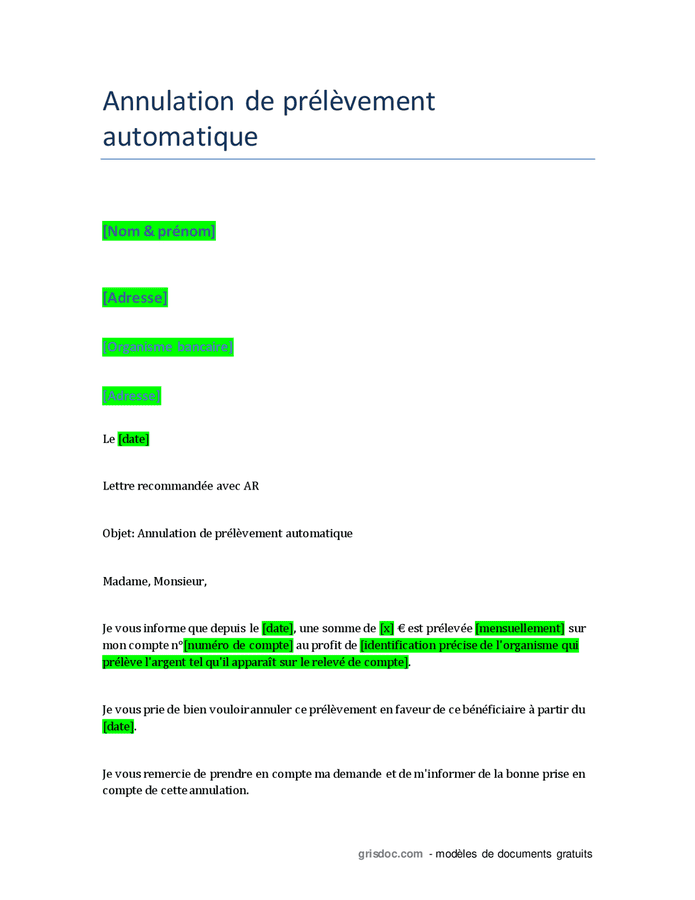 Annulation de prélèvement automatique - DOC, PDF - page 1 sur 2