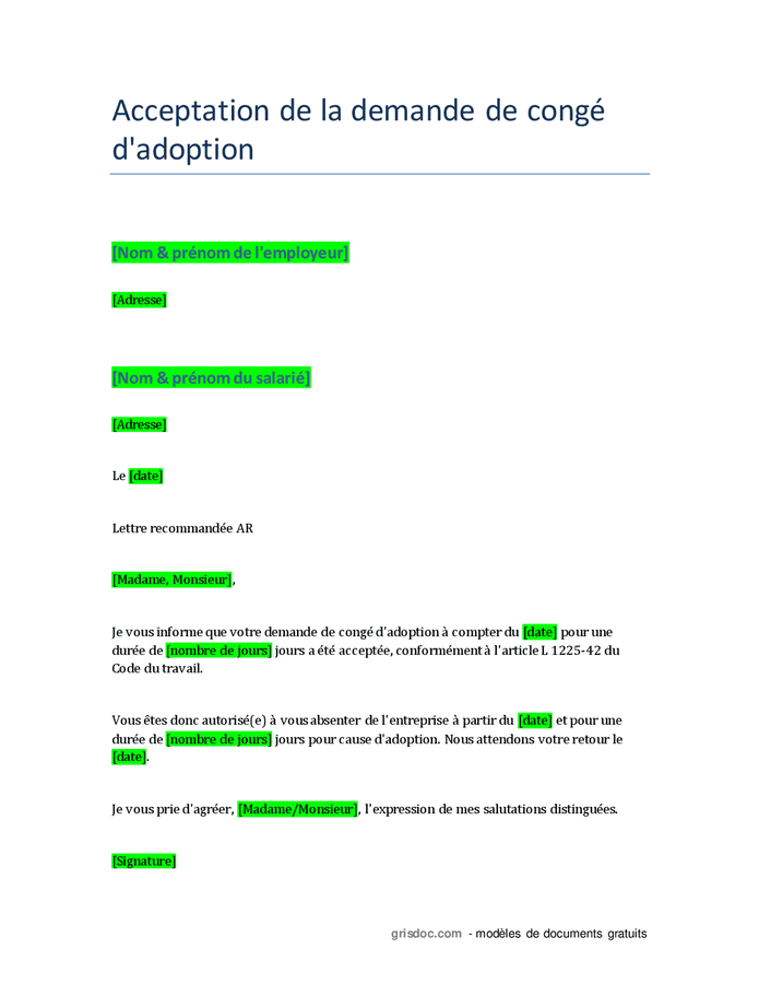 Acceptation de la demande de congé d'adoption - DOC, PDF - page 1 sur 1