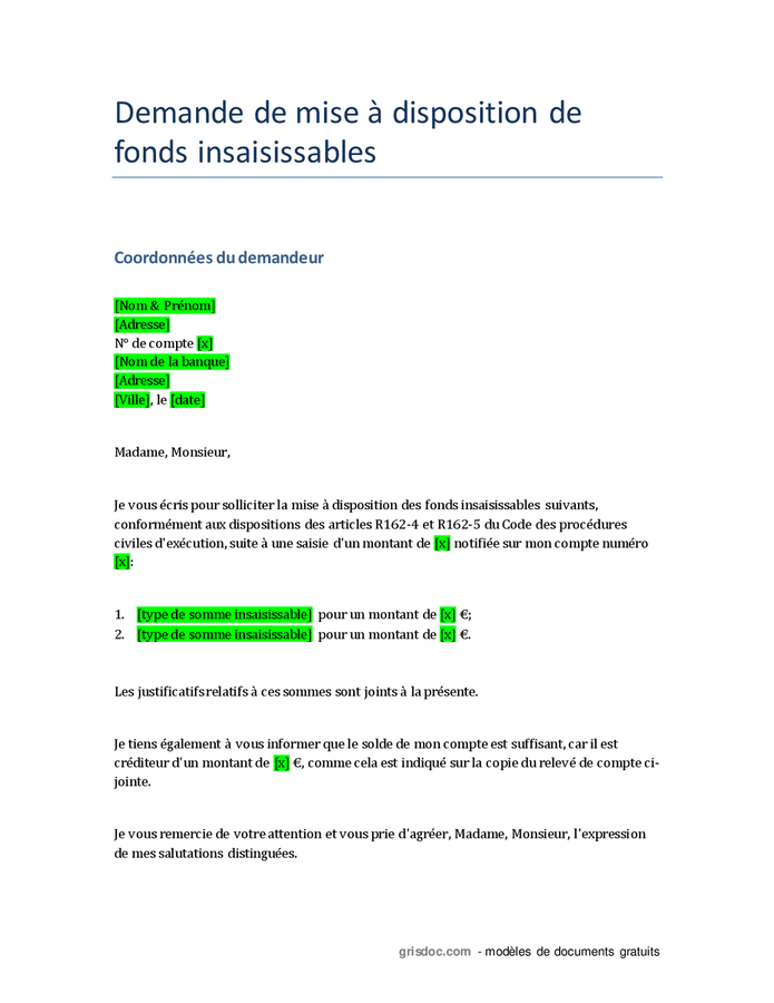 Demande de mise à disposition de fonds insaisissables - DOC, PDF - page 1 sur 2