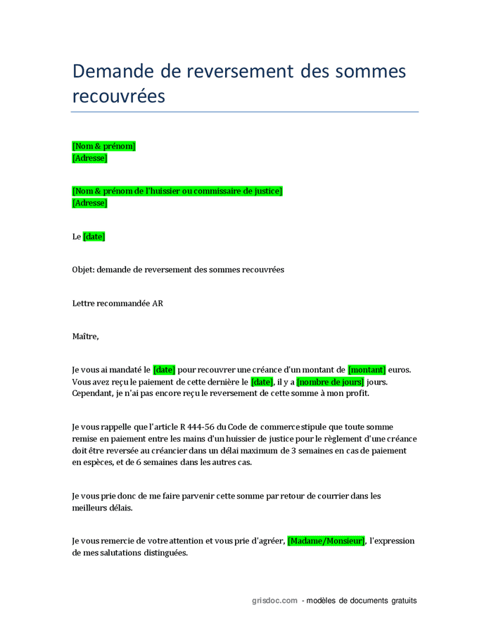 Demande de reversement des sommes recouvrées - DOC, PDF - page 1 sur 2