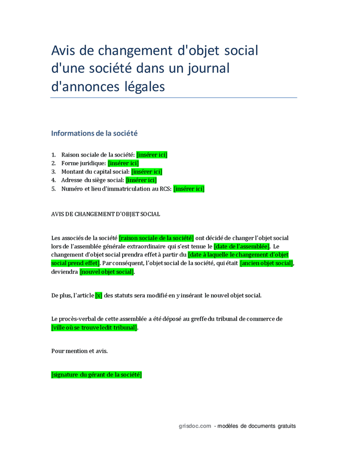 Avis de changement d'objet social d'une société dans un journal d ...