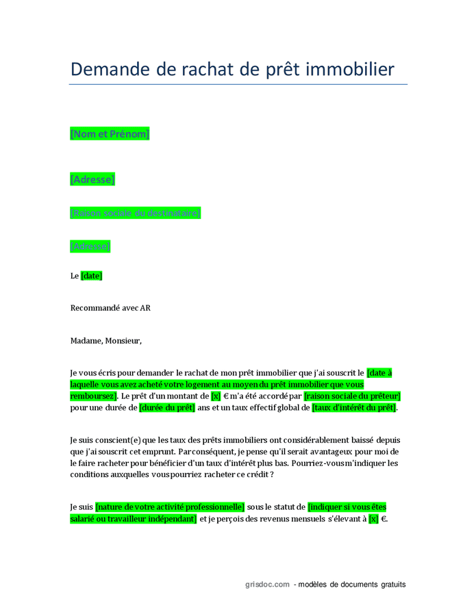 Demande de rachat de prêt immobilier - DOC, PDF - page 1 sur 2