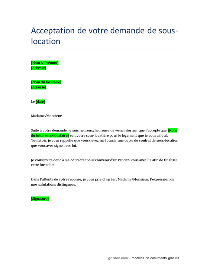 Acceptation de demande de sous-location - DOC, PDF - page 1 sur 1 Acceptation de demande de sous-location - DOC, PDF - page 1 sur 1