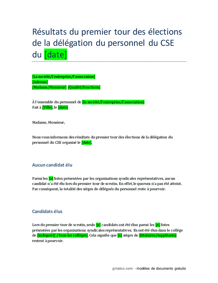 Résultats du premier tour des élections de la délégation du personnel ...