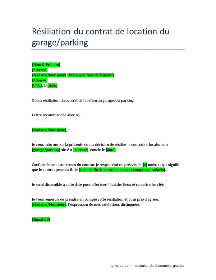 Résiliation du contrat de location du garage ou parking - DOC, PDF ...