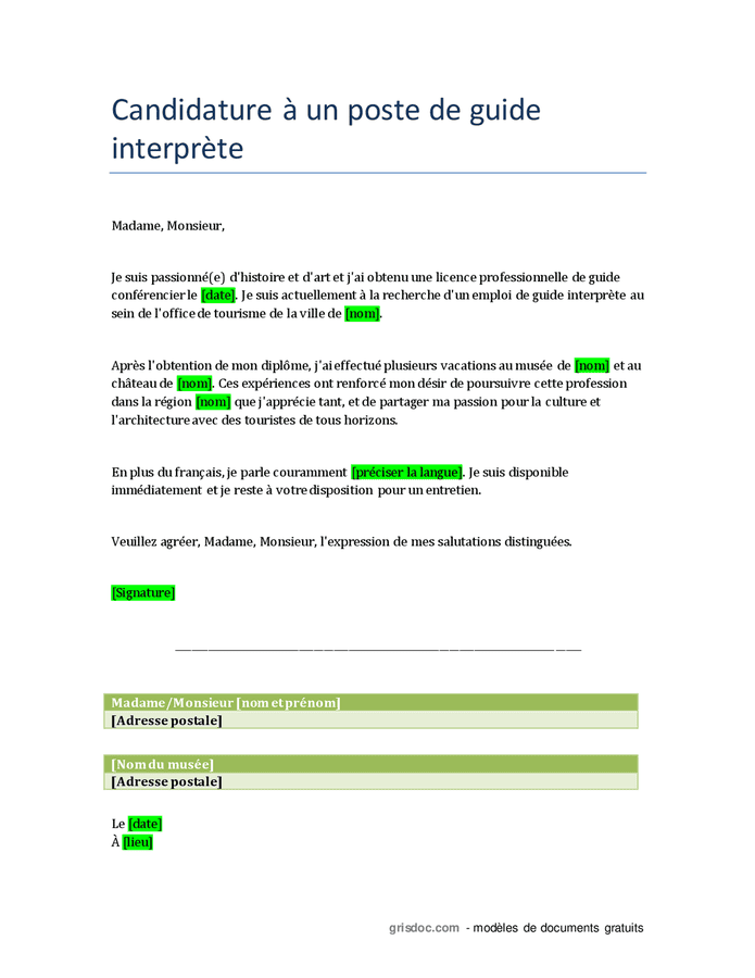 Candidature à un poste de guide interprète - DOC, PDF - page 1 sur 1