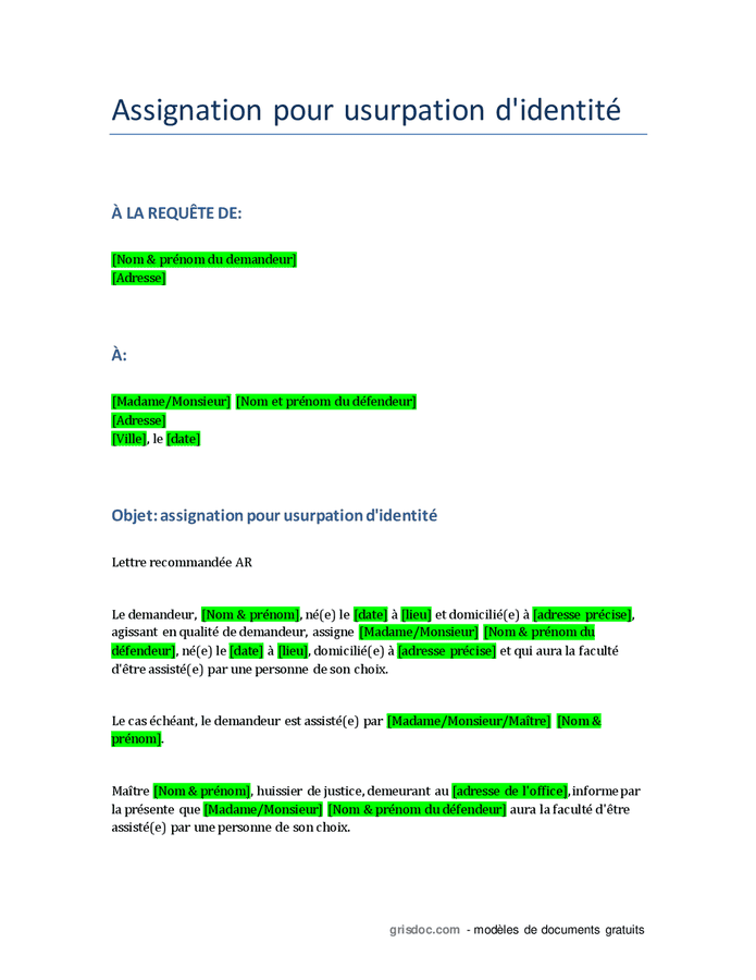 Assignation pour usurpation d'identité - DOC, PDF - page 1 sur 3