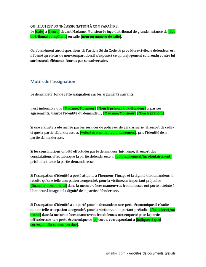 Assignation pour usurpation d'identité - DOC, PDF - page 2 sur 3