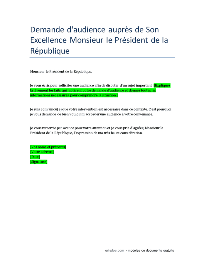 Demande d'audience au Président de la République - DOC, PDF - page 1 sur 1