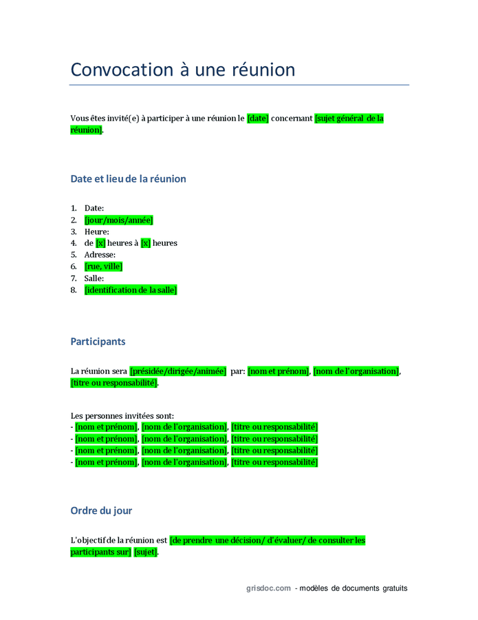 Convocation à une réunion avec ordre du jour - DOC, PDF - page 1 sur 2