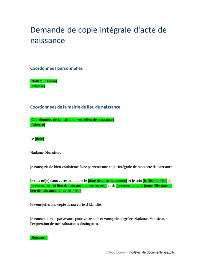 Demande de copie intégrale d'acte de naissance - DOC, PDF - page 1 sur 2