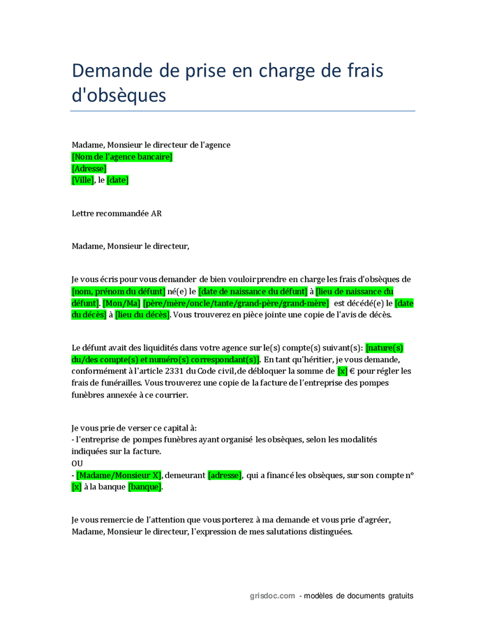 Demande a la banque de prise en charge des frais d'obsèques - DOC, PDF - page 1 sur 2