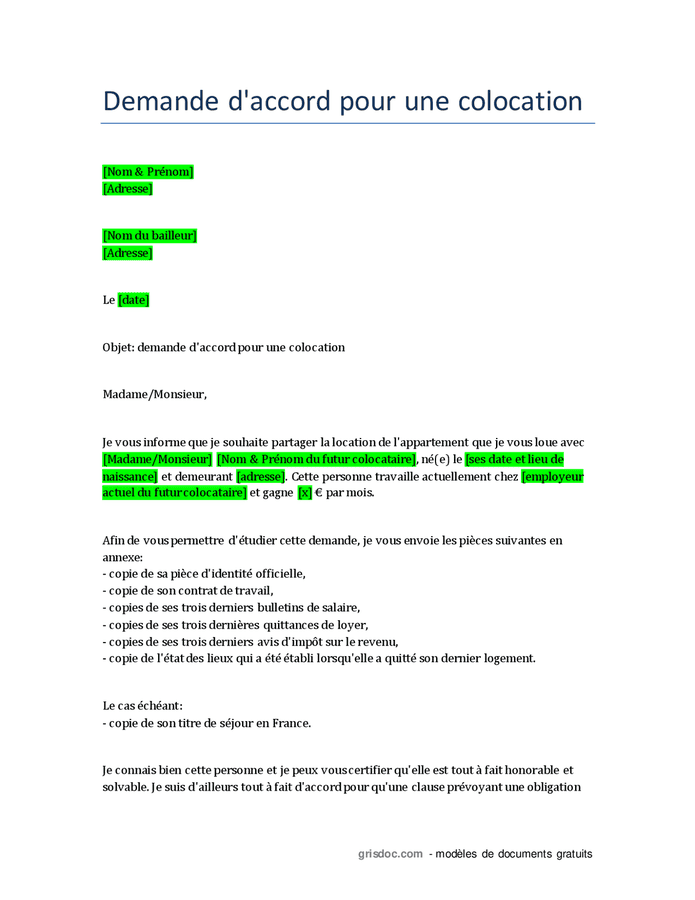 Demande Daccord Pour Une Colocation Doc Pdf Page 1 Sur 2