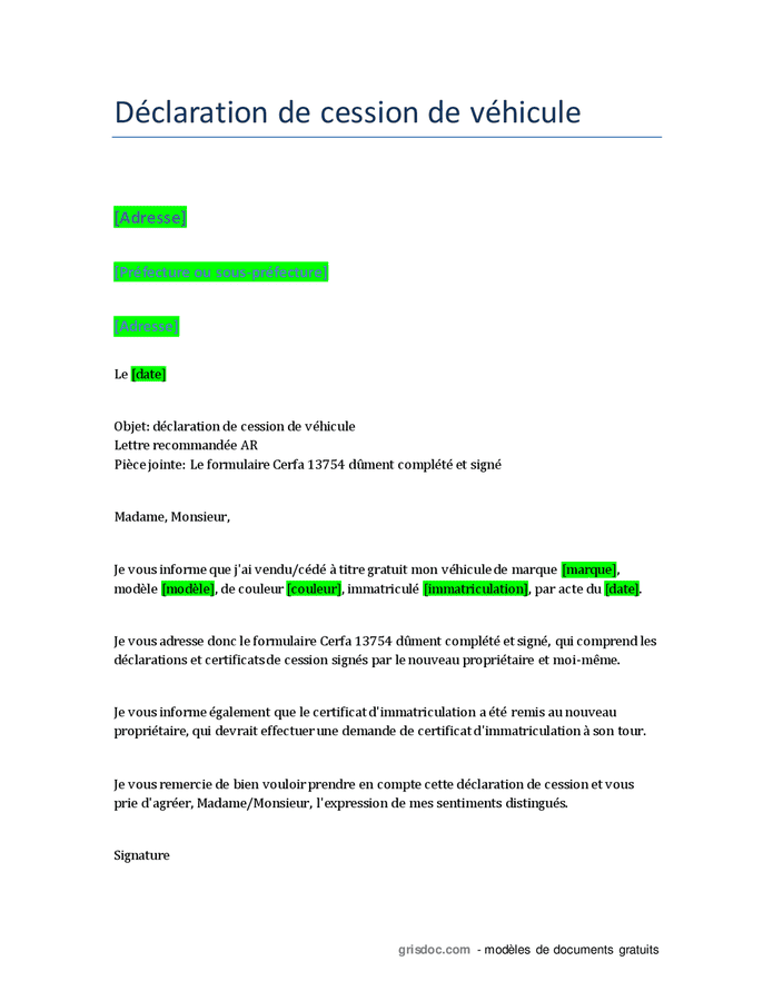 Déclaration de cession de véhicule - DOC, PDF - page 1 sur 1