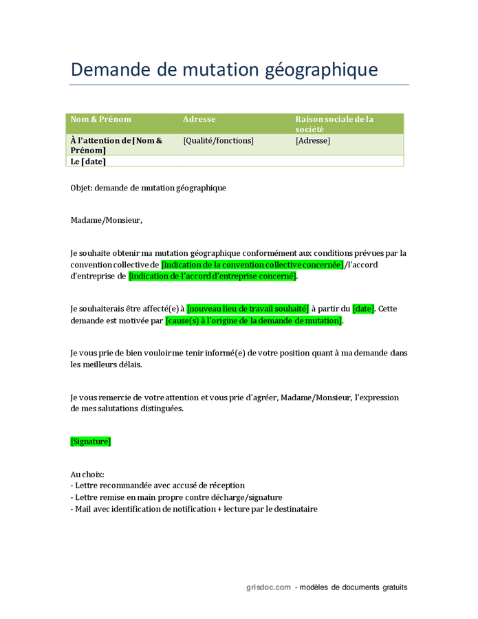 Demande de mutation géographique - DOC, PDF - page 1 sur 1