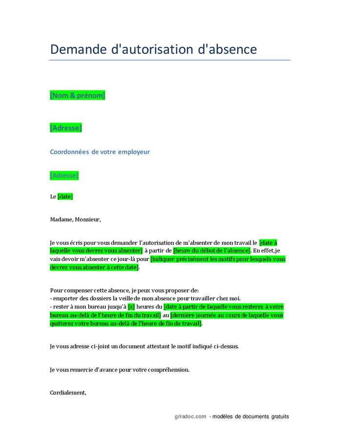 Demande d'autorisation d'absence - téléchargement gratuit documents PDF, Word et Excel