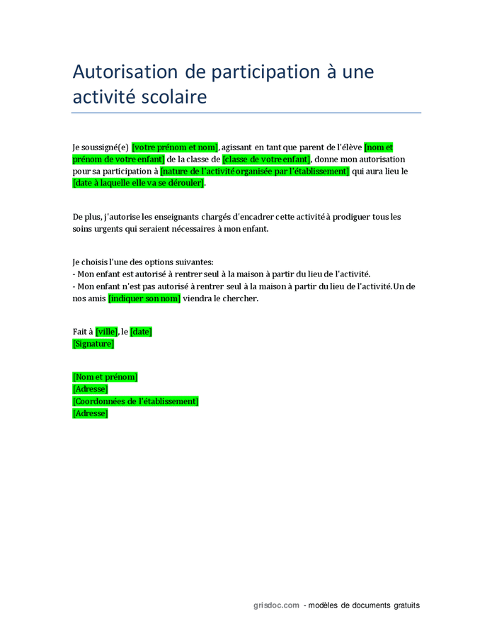 Modelé d'autorisation - téléchargement gratuit documents PDF, Word et Excel