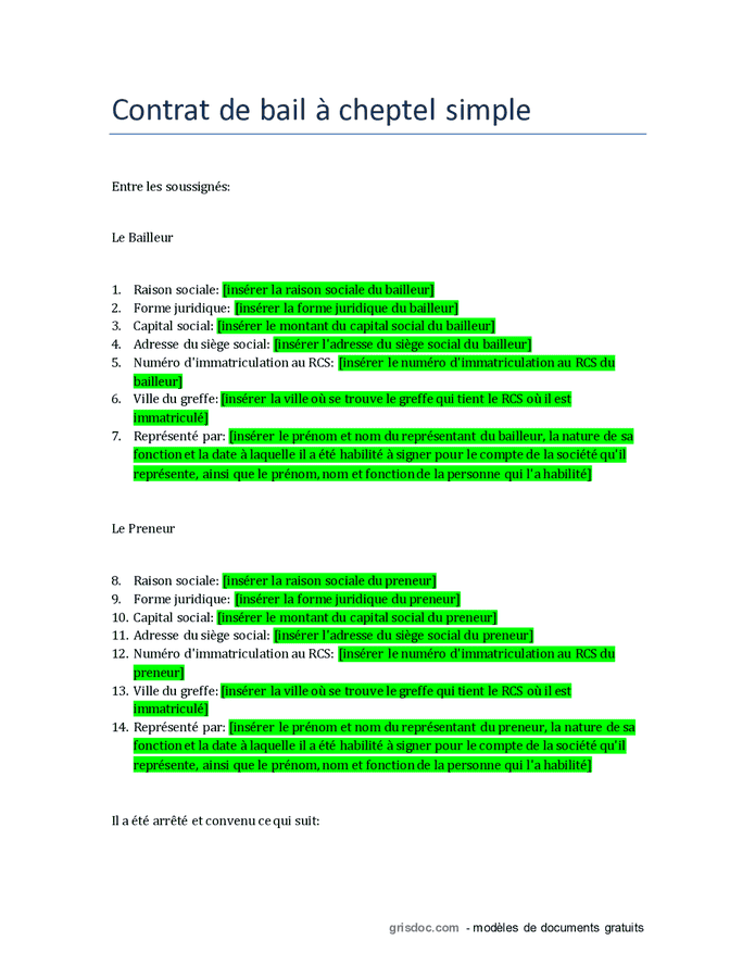 Contrat de bail à cheptel simple - DOC, PDF - page 1 sur 4