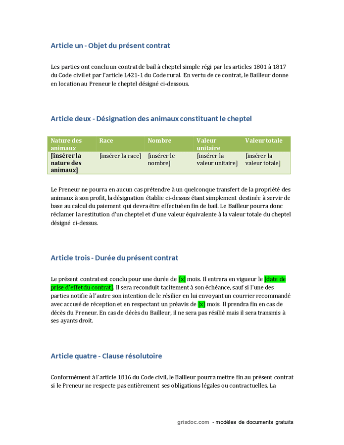Contrat de bail à cheptel simple - DOC, PDF - page 2 sur 4