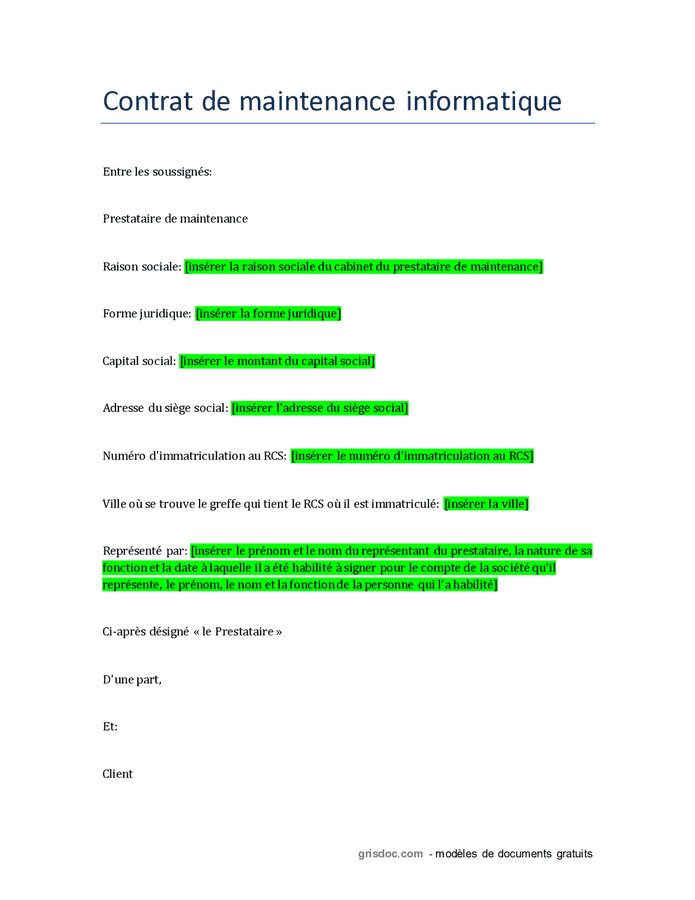 Contrat de maintenance informatique - DOC, PDF - page 1 sur 5