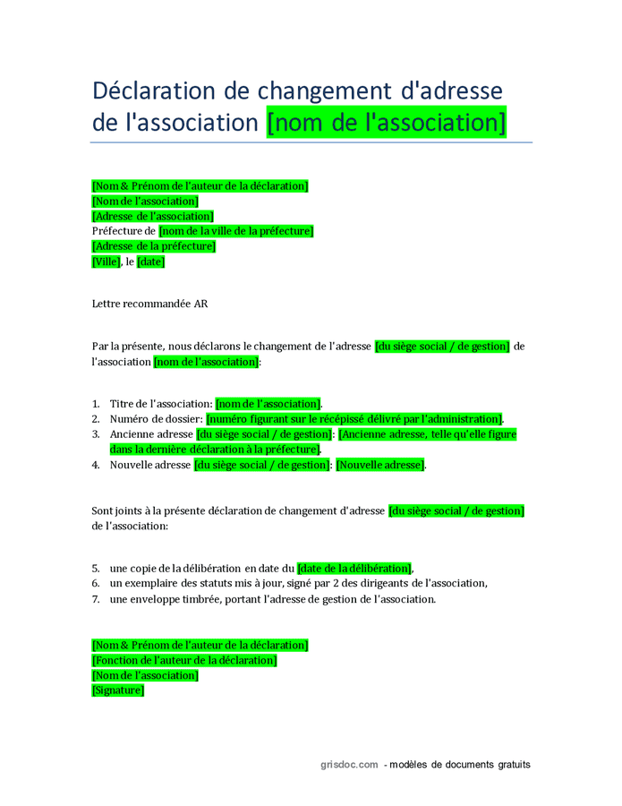 Declaration de changement d'adresse de l'association en prefecture ...