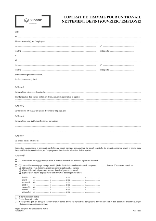 Modelé de contrat de travail pour un travail nettement defini - DOC, PDF - page 1 sur 3