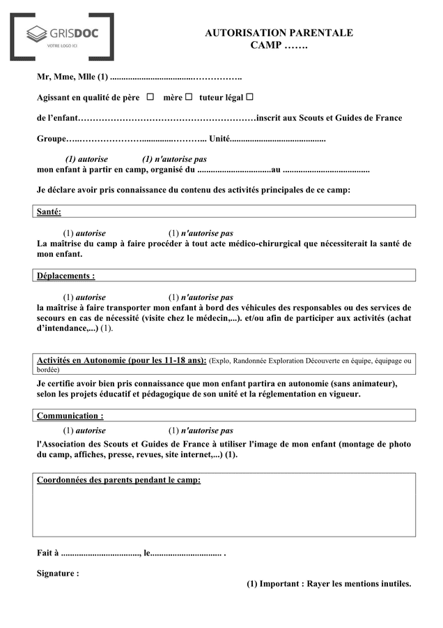 Autorisation parentale - téléchargement gratuit documents PDF, Word et Excel