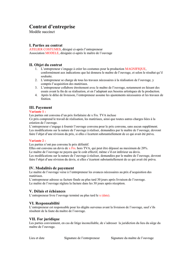 Exemple contrat d’entreprise (Suisse) - DOC, PDF - page 1 sur 1
