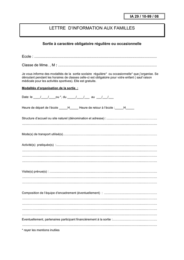 Lettre aux parents - téléchargement gratuit documents PDF, Word et Excel
