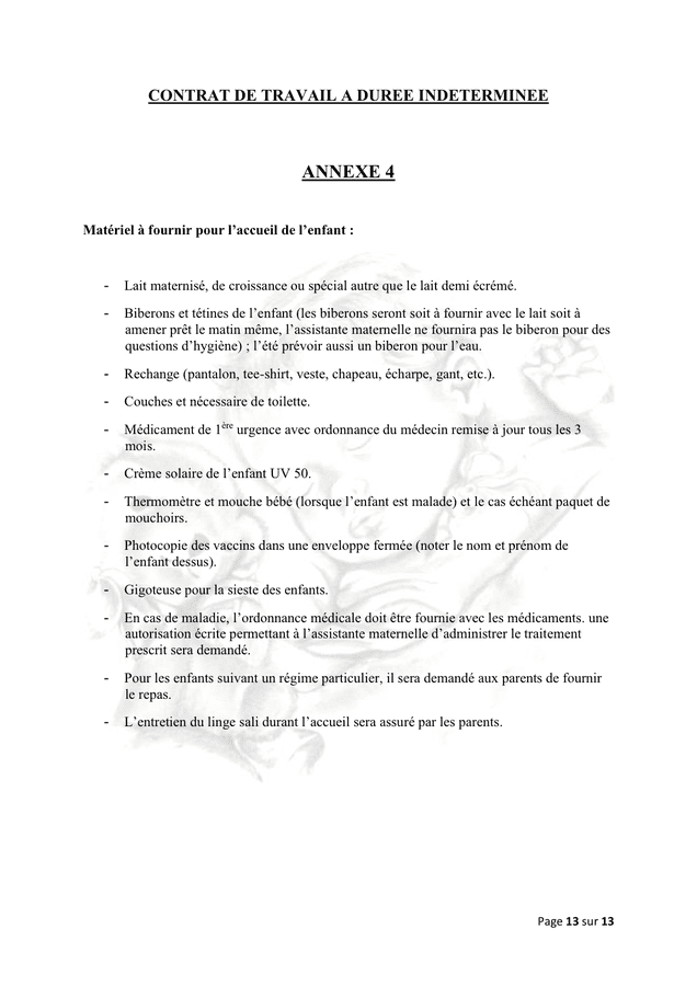 Modelé de contrat de travail a duree indeterminee - nounou - DOC, PDF - page 13 sur 13