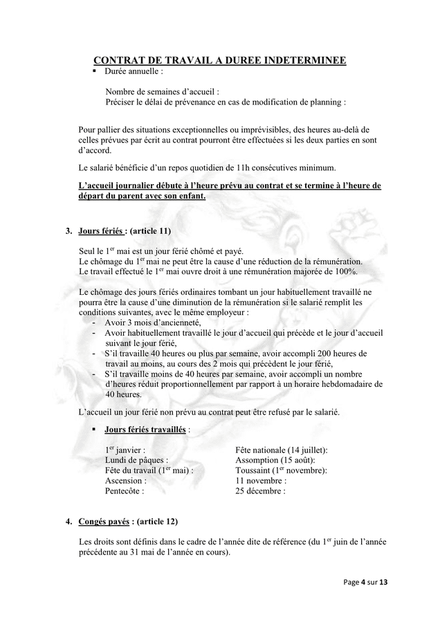 Modelé de contrat de travail a duree indeterminee - nounou - DOC, PDF - page 4 sur 13