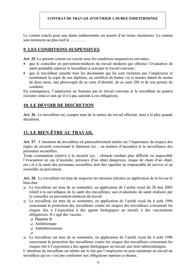 Modelé De Contrat De Travail Douvrier A Duree Indeterminee Belgique